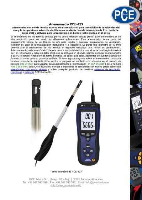 Anemómetro PCE-423 - PCE Ibérica