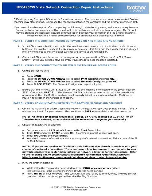 MFC495CW Vista Network Connection Repair Instructions - Brother