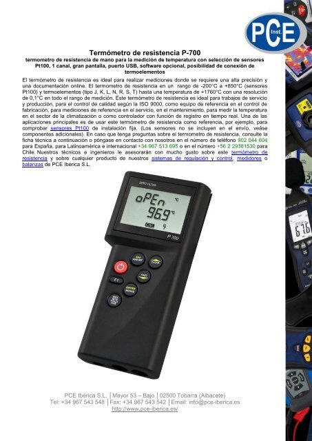 Termómetro de resistencia P-700 - PCE Ibérica
