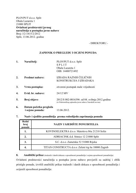 zapisnik o pregledu i ocjeni ponuda - Plovput