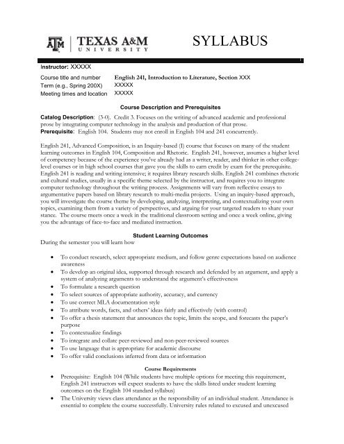 sample 241 syllabus - Department of English