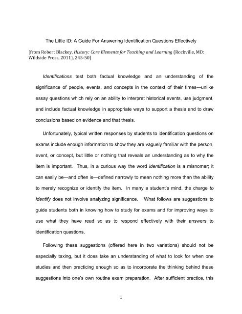 Instructions for Answering Identifications - the History Department at ...