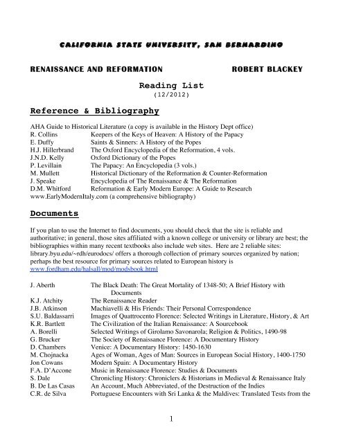Reading List - the History Department at CSUSB - California State ...