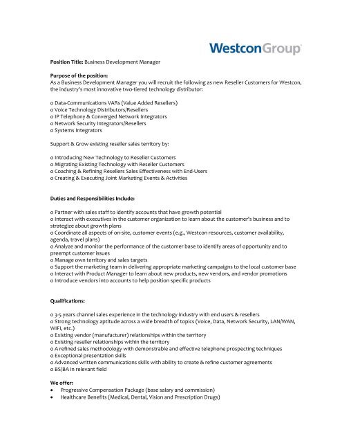 Position Title: Business Development Manager ... - Westcon Group