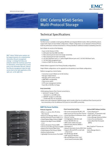 EMC Celerra NS40 Specification Sheet - EMC Centera