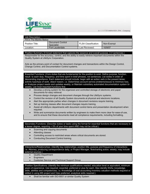 Document Control Specialist FLSA Classification - LifeSync ...