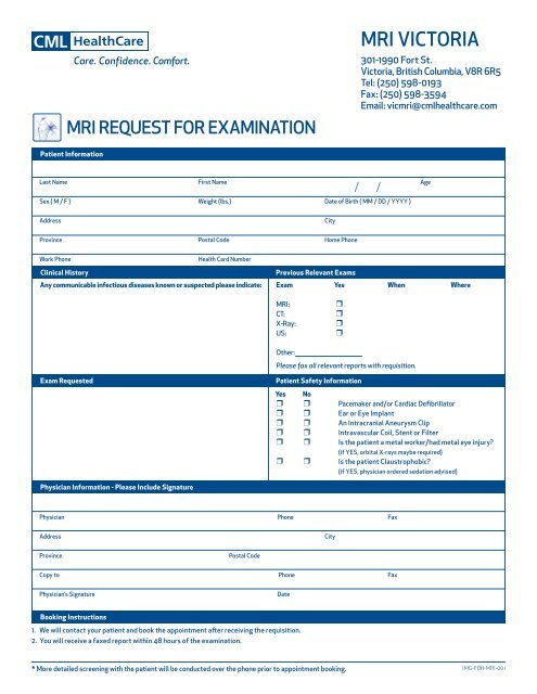 Vancouver MRI Requisition - CML HealthCare