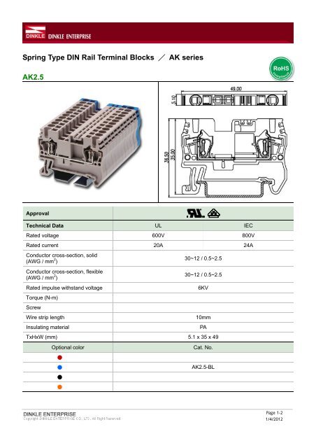Spring Type DIN Rail Terminal Blocks / AK series AK2.5 - Dinkle