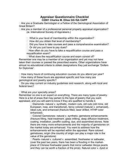 Appraiser Questionnaire Checklist