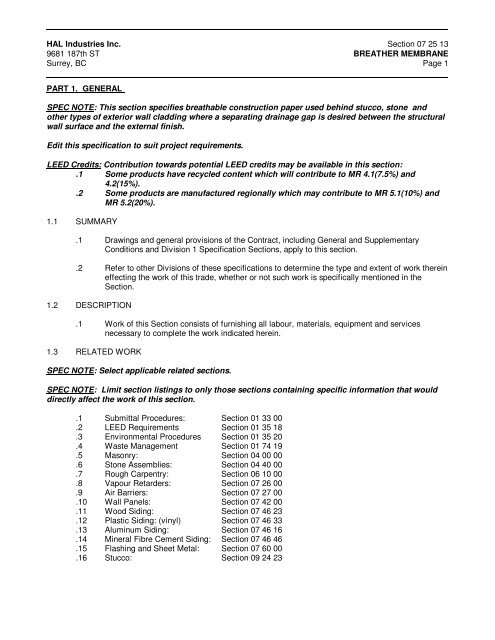 Architectural Specification - COR-PLY - HAL Industries Inc.