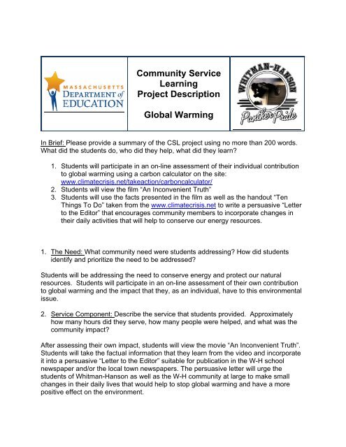 Community Service Learning Project Description Global Warming