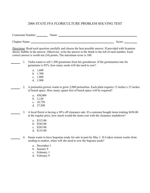 2006 STATE FFA FLORICULTURE PROBLEM SOLVING TEST