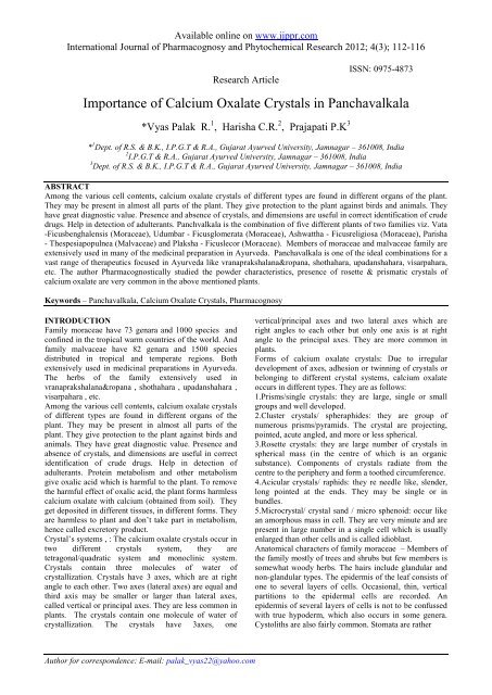 Importance of Calcium Oxalate Crystals in Panchavalkala