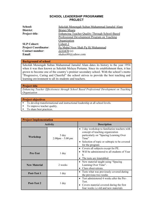 SCHOOL LEADERSHIP PROGRAMME PROJECT School: Sekolah ...