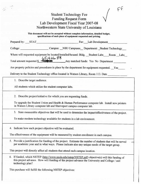 Student Technology Fee Funding Request Form Lab Development ...