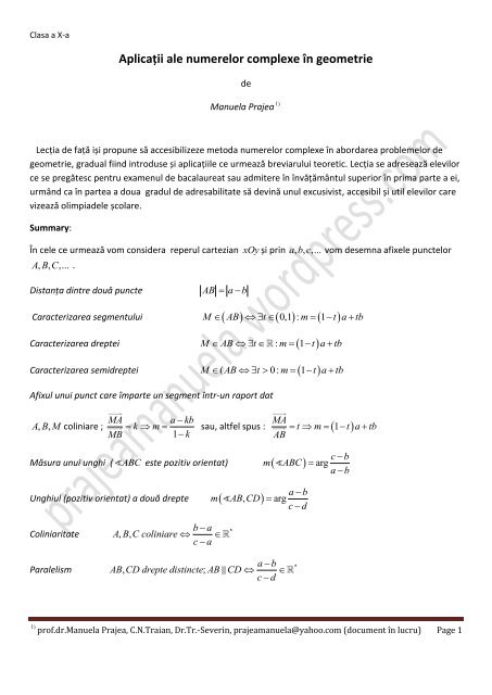AplicaÈ ii ale numerelor complexe Ã®n geometrie