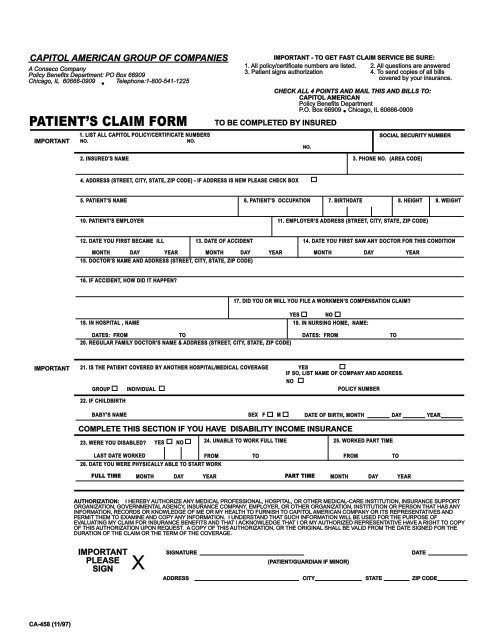 PATIENT'S CLAIM FORM