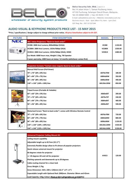 audio visual & keyphone products price list - BELCO Marketing