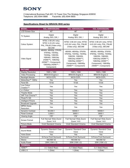 Specifications Sheet for BRAVIA W45 series - Sony Asia Pacific