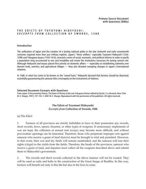 The Edicts of Toyotomi Hideyoshi - Asia for Educators - Columbia ...