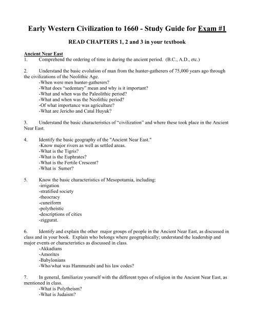 Early Western Civilization to 1660 - Study Guide for Exam #1