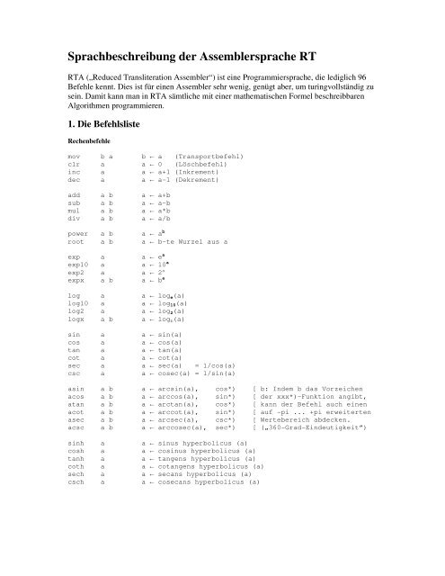Sprachbeschreibung der Assemblersprache RT