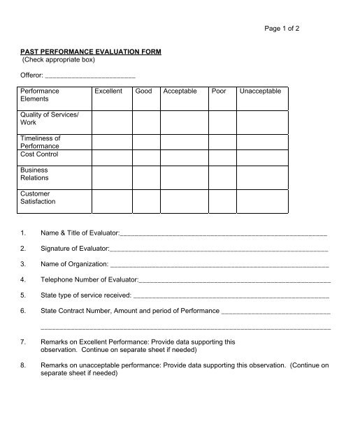 Page 1 Of 2 PAST PERFORMANCE EVALUATION FORM Check 