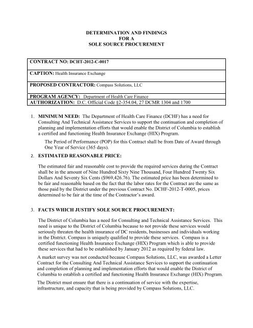 DETERMINATION AND FINDINGS FOR A SOLE SOURCE ...