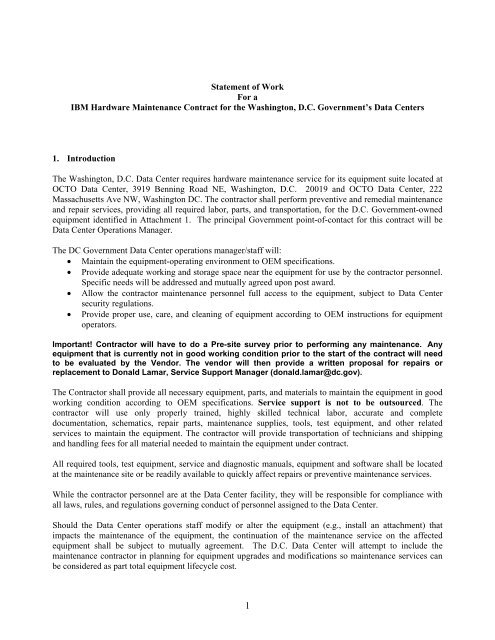 Statement of Work For a IBM Hardware Maintenance Contract for the ...