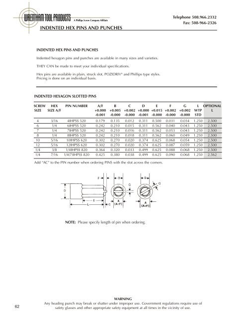 Hex Pins - Struck Slot - Wrentham Tool