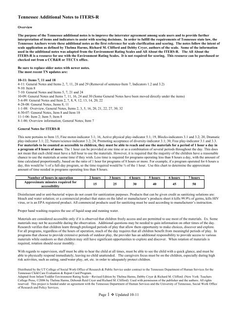 Tennessee Additional Notes to ITERS-R - Star-Quality Program