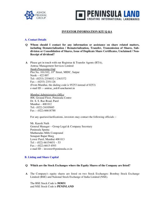 INVESTOR INFORMATION KIT - Peninsula Land Ltd