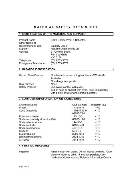 earth choice wool & delicates wash msds - Natures Organics