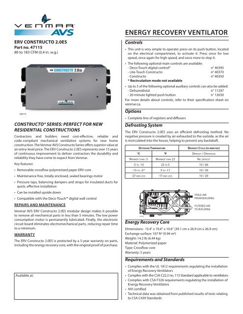 Constructo 2.0 ES ERV Technical Data Sheet - Inspired Living
