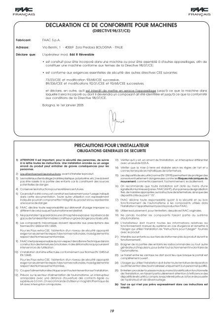 DECLARATION CE DE CONFORMITE POUR MACHINES - Faac