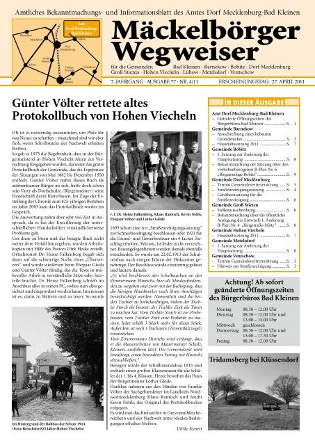 Mäckelbörger Wegweiser - Amt Dorf Mecklenburg-Bad Kleinen