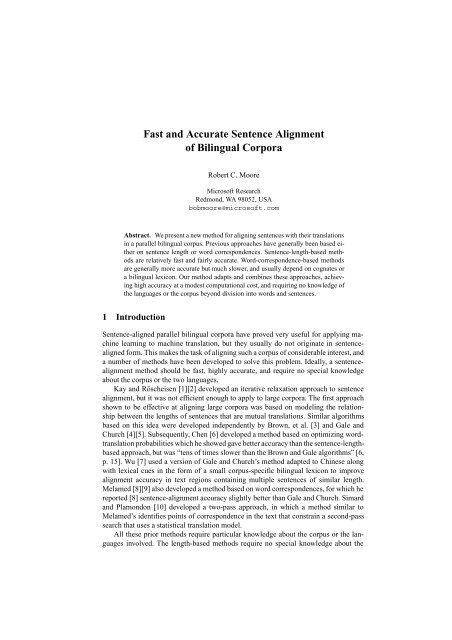 Fast and Accurate Sentence Alignment of Bilingual Corpora