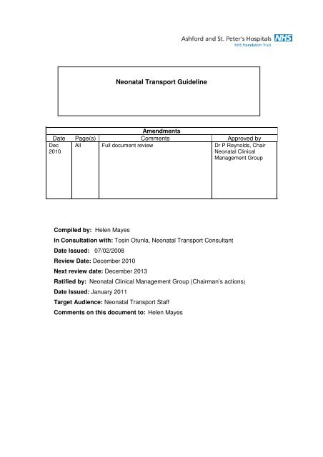 Neonatal Transport - Ashford and St. Peter's Hospitals NHS Trust