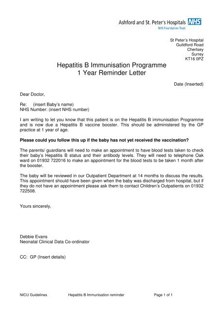 Hepatitis B 1 yr vaccine reminder - Ashford and St. Peter's Hospitals ...