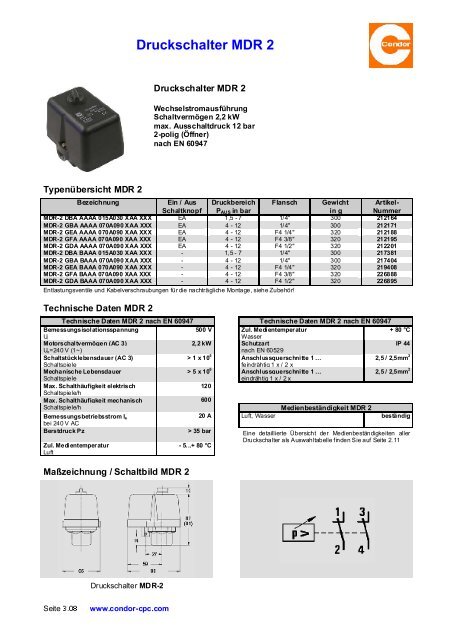 Technische Daten Condor Druckregler MDR 2