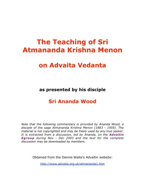 The Teaching of Sri Atmananda Krishna Menon - Advaita Vision