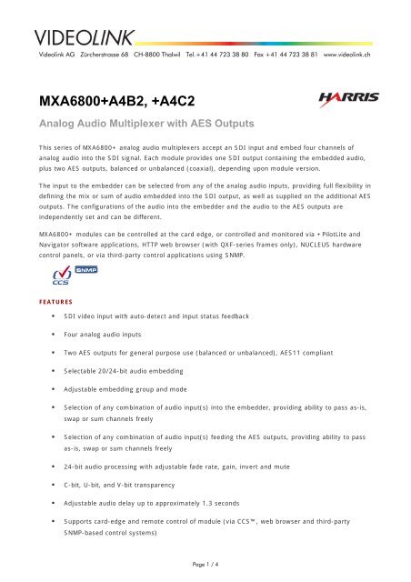 MXA6800+A4B2, +A4C2 Analog Audio Multiplexer with ... - Linktronix