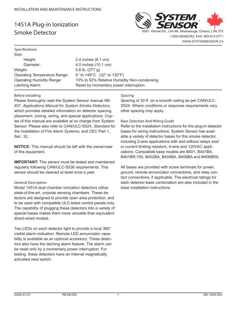 1451A Plug-in Ionization Smoke Detector - System Sensor Canada