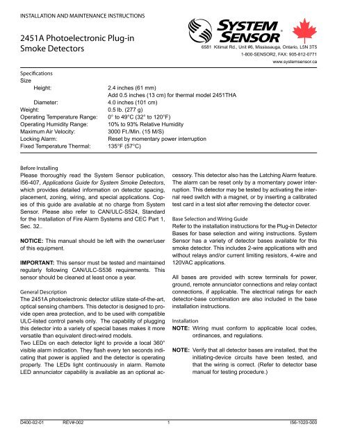 2451A Photoelectronic Plug-in Smoke Detectors - System Sensor ...