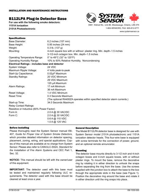 Installation Instructions - System Sensor Canada