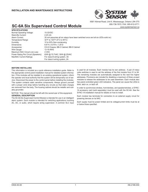 Installation Instructions - System Sensor Canada