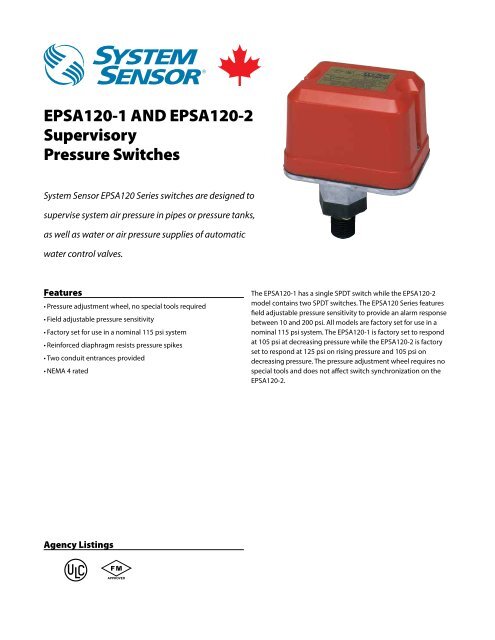 EPSA120-1 And EPSA120-2 Supervisory Pressure Switches