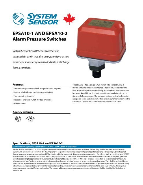 EPSA10-1 AND EPSA10-2 Alarm Pressure Switches