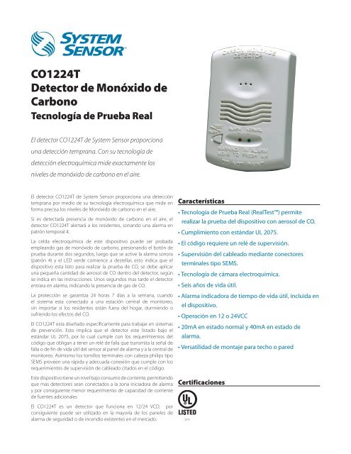 CO1224T Detector de Monóxido de Carbono - System Sensor Canada