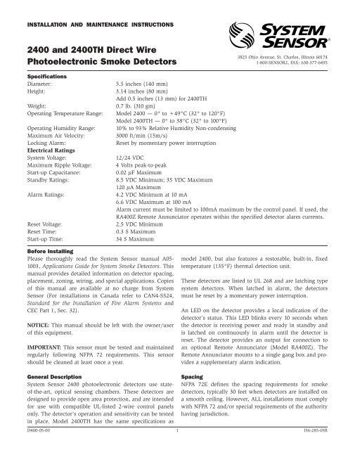 2400 and 2400TH Direct Wire Photoelectronic Smoke Detectors